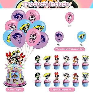 Powerpuff Girls Birthday Party Decoration, Powerpuff Girls Include Kawaii Cartoon Theme Birthday Banner, Cake Topper, Latex Balloons for Kids Birthday Party Supplies, Baby Shower