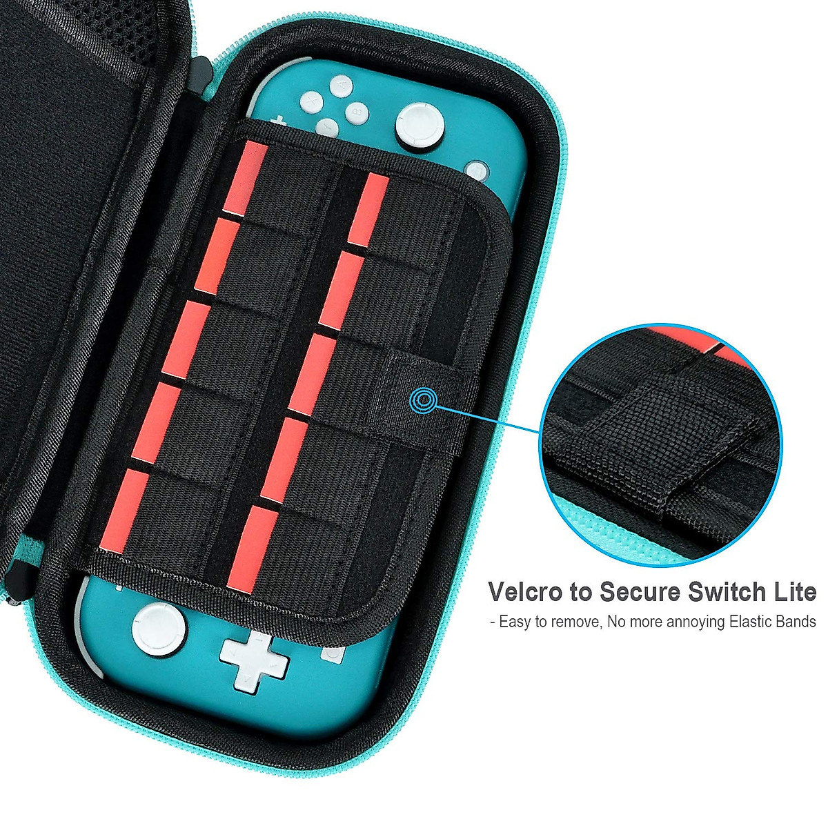 Daydayup Switch Case Compatible with Nintendo Switch Lite 2 Pack Screen Protector & 6 Pcs Thumb Grip, 20 Game Cartridges Hard Shell Travel Carrying Switch Lite Console & Accessories, Turquoise