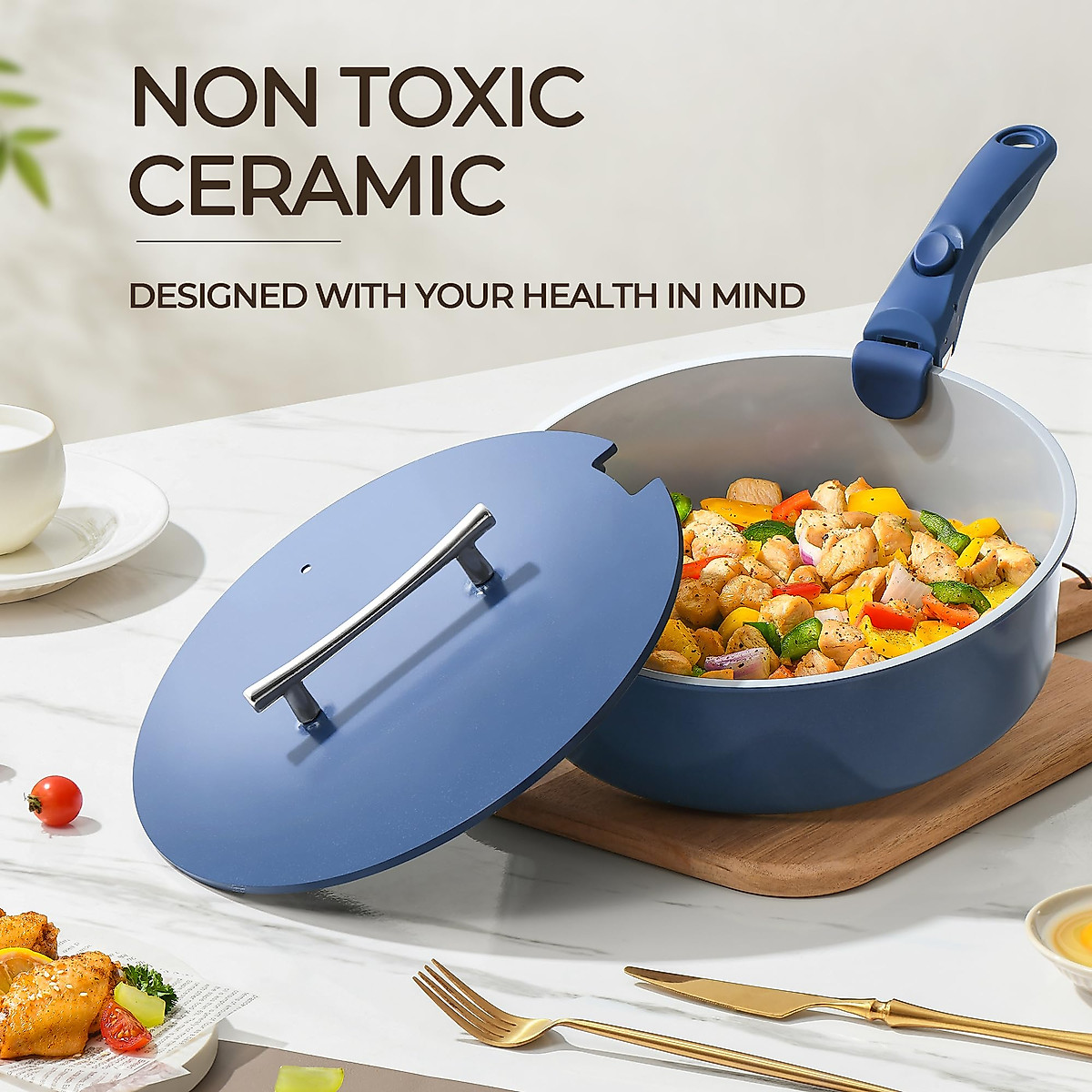 Pots and Pans Set with Detachable Handle - 12 Pcs Nonstick Ceramic Cookware Set with Lids, Non Toxic Cookware Set, RV Cookware Set,Camping Cooking Set, PTFE & PFOA Free,Oven Safe,Space Saving- Navy