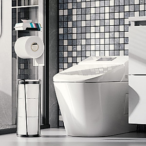 ROLABAM Heavy Weighted Toilet Paper Holder (with Reserve Function and Shelf) Free Standing Toilet Paper Storage，Spare Tissue Paper Roll Holder Storage Stand for Bathroom Total Height 26" ，Matte Black