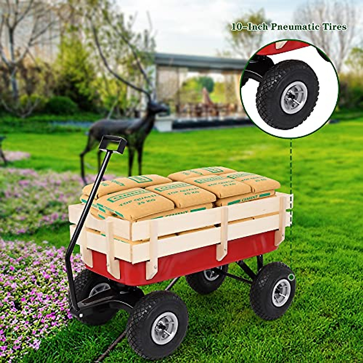 Red and White Garden Wagon Cart,Gorilla Cart,Wheelbarrow,Beach Wagon with Big Wheels for Sand,Utility Garden Iron Wood Four Wheel Garden Wagon for Outdoor Camping,Nurseries,Greenhouse