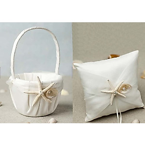 2Pcs Beach Theme Wedding Supplies Set Starfish Seashell Design Flower Girl Basket + Ring Bearer Pillow for Bridal Wedding Shower Ceremony Anniversary Celebrations Party Decorations Wedding Accessories