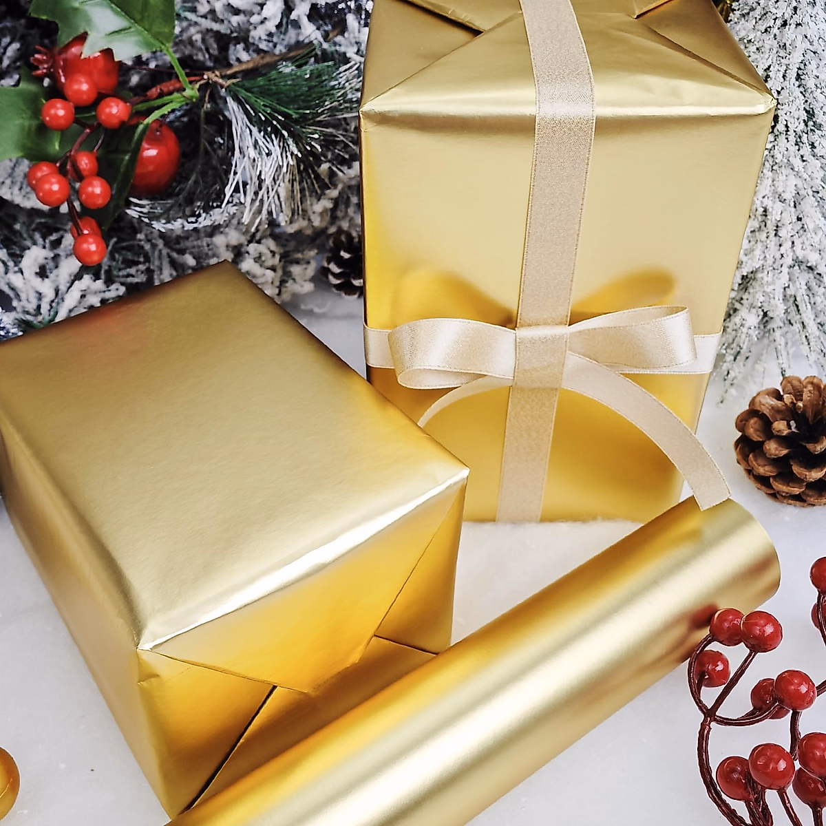LDGOOAEL Mini Short Small Christmas Wrapping Paper Roll (17 inches X 32.8 feet) - Matte Gold for Holiday, Birthday, Wedding, Baby Shower …
