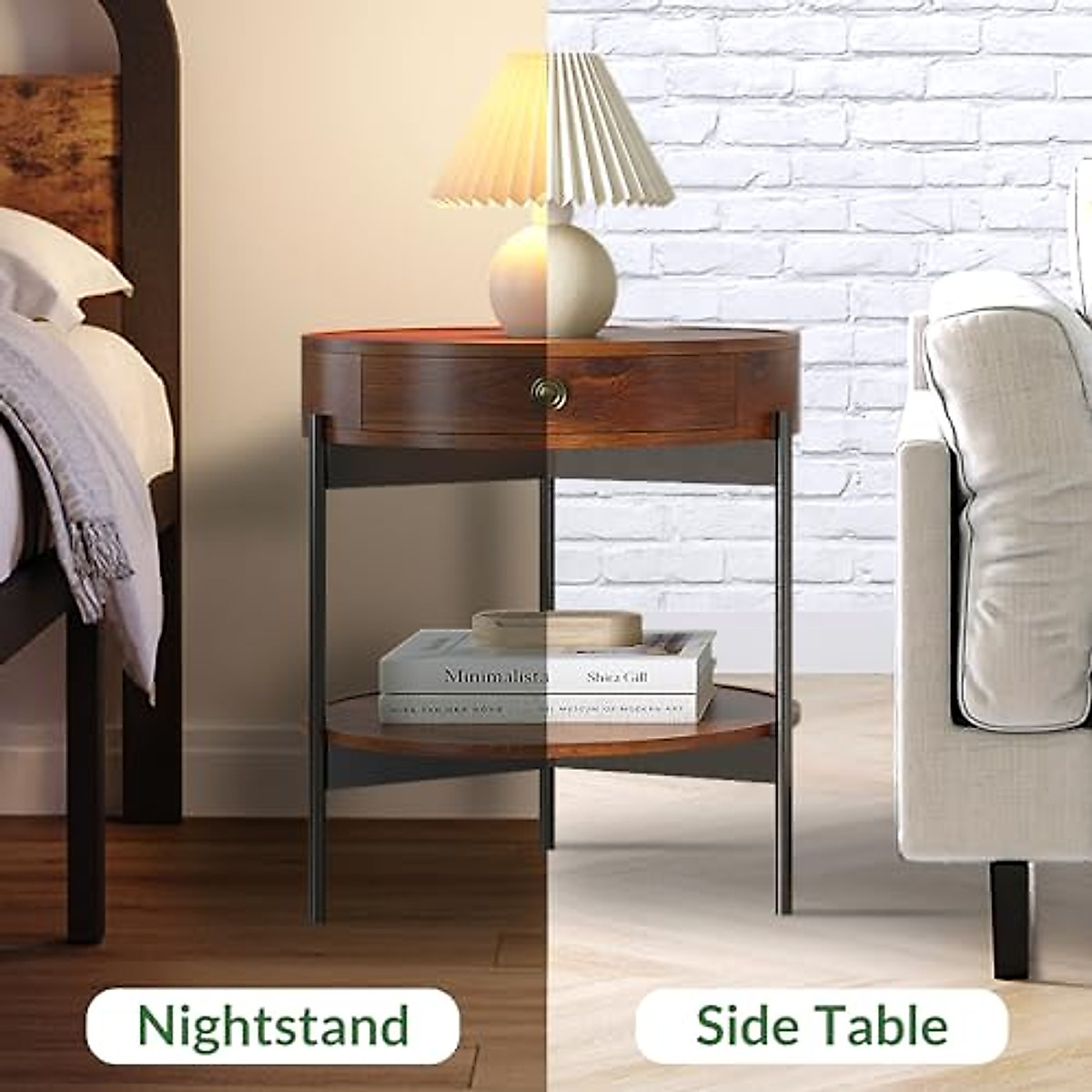 ODIKA Beverly Hills Mid Century Modern Side Table - Versatile Round Nightstand with Drawer, Bedside Table and End Table, Small Wood Side Table for Bedroom, Walnut, Set of 1