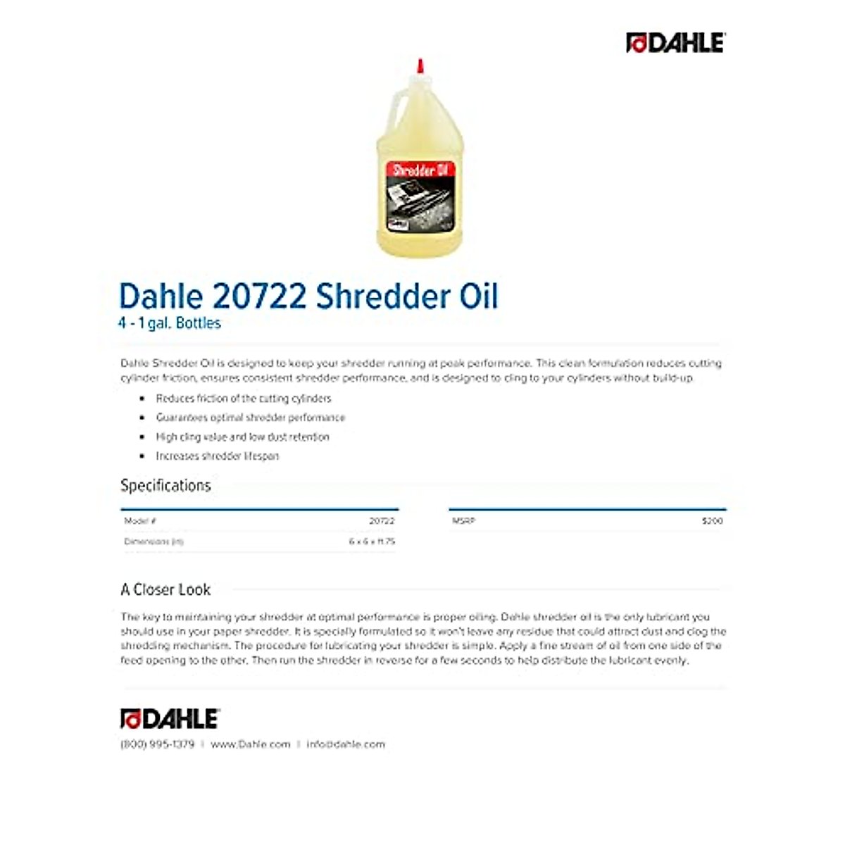 Dahle Shredder Oil Reduces Friction and Optimizes Performance in Paper Shredders, For Use In All Shredders, 4 - 1 gal. Bottles