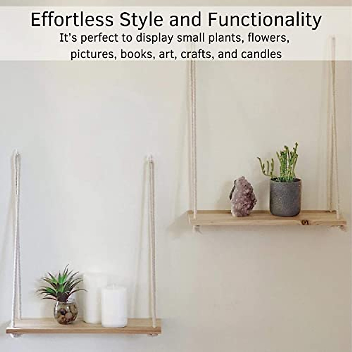 Hanging Shelves for Wall [Set of 2 w/ Hooks] Wooden Shelf, Hanging Fruit Basket Woven 3 Tier for Kitchen, Counter Space Saver Decorative Storage Boho Home Decor Planter Bathroom, Living Room Bedroom