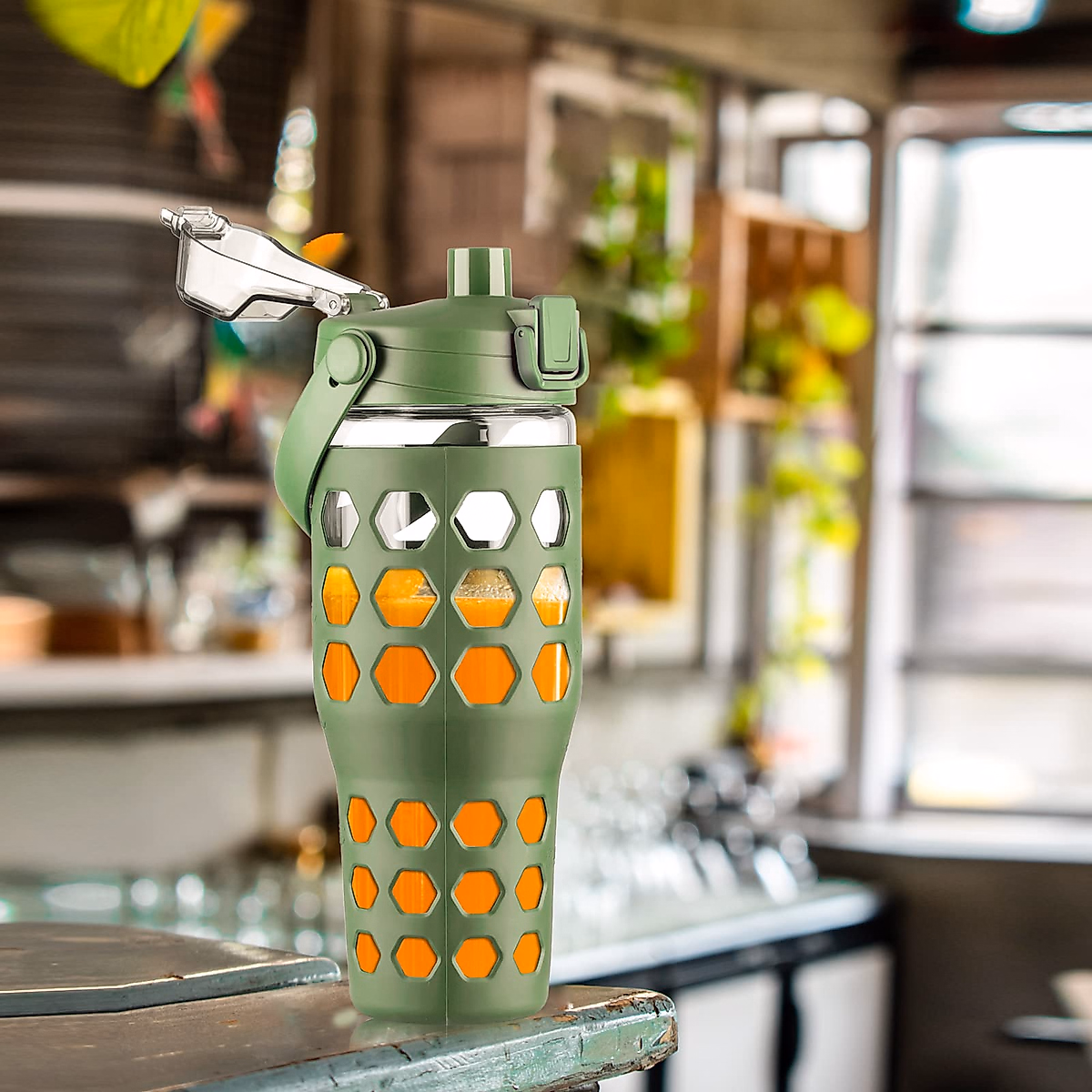 MUKOKO 32oz Glass Tumbler with Straw and Lid,Glass Water Bottles with Time Marker,Iced Coffee Cup,Silicone Sleeve,Leakproof,BPA Free-Olive