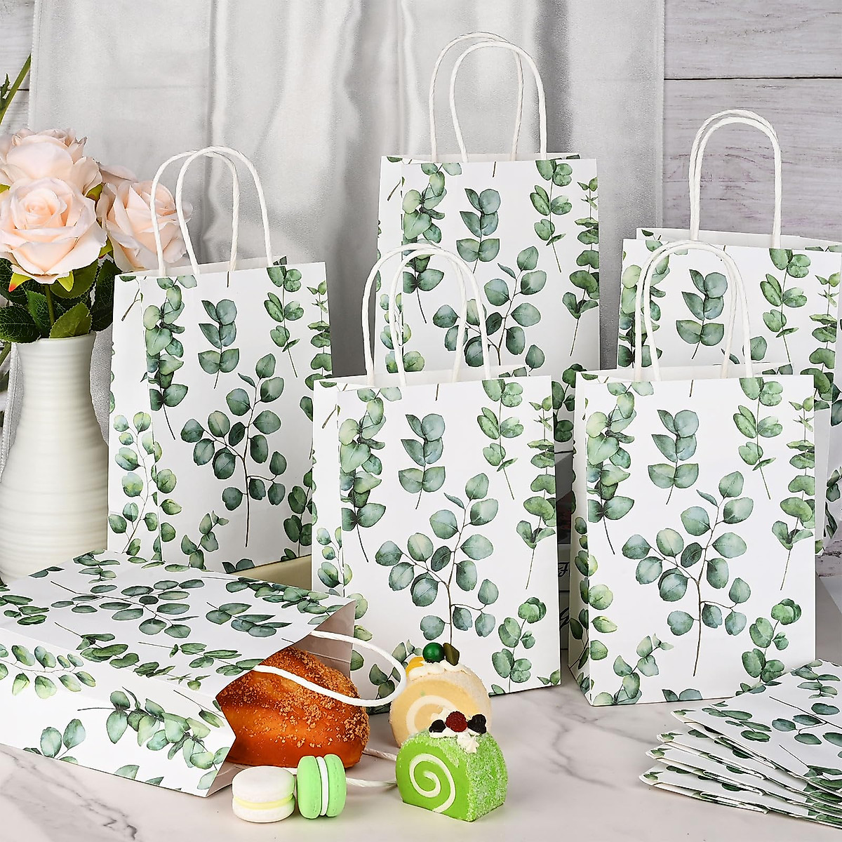 24 Pack Eucalyptus Paper Gift Bags with Handles Greenery Watercolor Green Leaf Paper Gift Bags Bulk Candy Goodie Treat Bags for Spring Wedding Birthday Baby Shower Party Favor Supplies