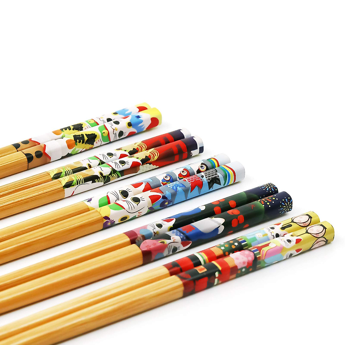 5 Pairs Chopsticks and 6 Cute Lucky Cat Chopstick Holders, Classic Japanese Style Reusable Bamboo Natural Non-Slip Chopsticks, Dishwasher - Safe, Kawaii China Chopsticks Rest Gift Set(Lucky Cat)