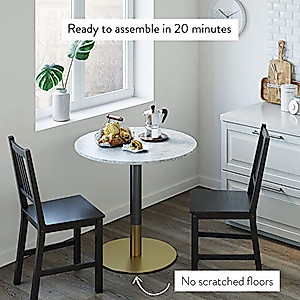 Nathan James Bistro Lucy Small Mid-Century Modern Kitchen or Dining Table with Faux Carrara Marble Top and Brushed Metal Pedestal Base, Black/Gold 31D x 31.5W x 29H in