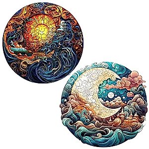 2PCS Wooden Jigsaw Puzzles, Sun and Moon Jigsaw Puzzles for Adults, Unique Shape Wood Cut Puzzles, Best Gift for Adults and Kids,11.8x11.8in