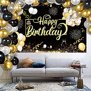Gold Black Happy Birthday Extra Large Fabric Sign Poster Background Banner with 2pcs Waterproof tablecloths and 50pcs Metallic Shiny Latex Balloons for Birthday Party Backdrop Decoration Supplies