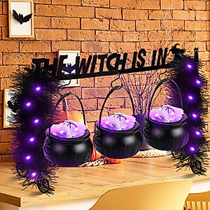 Halloween Witch Cauldron Candy Serving Bowl Halloween Punch Bowl Lighting Party Decorations for Table Kitchen Indoor Outdoor Halloween Candy Holder with Iron Rack and Garland Spiders