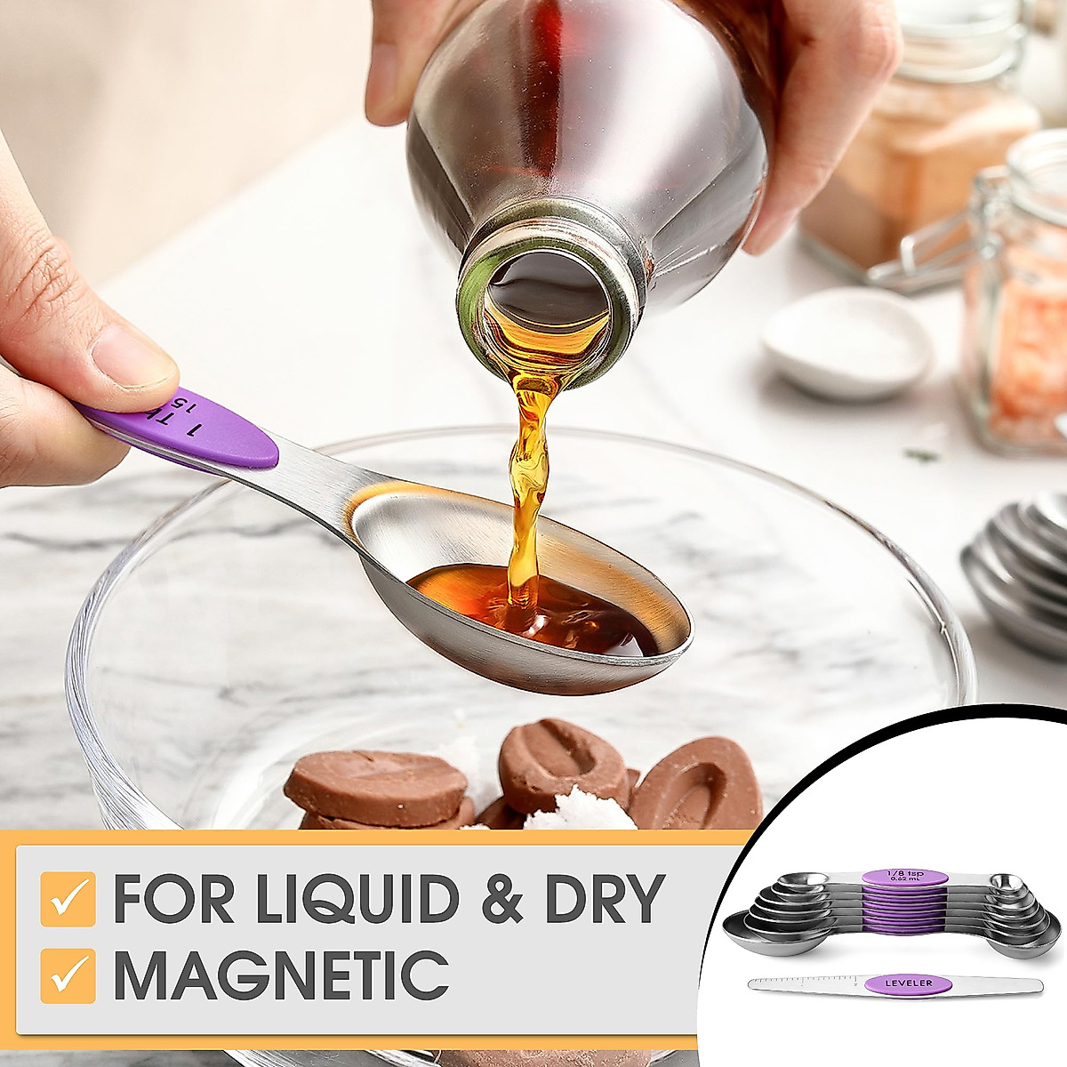 Spring Chef Stainless Steel Magnetic Measuring Spoons Set of 8 with Leveler, Nesting Metal Teaspoon & Tablespoon Measuring Spoons for Food, Heavy Duty Kitchen Gadgets for Baking & Cooking - Orchid