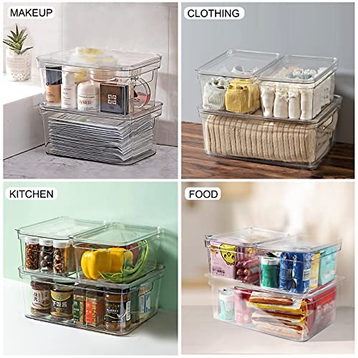 loobuu Plastic Clear Storage Bins with Lid, Stackable Pantry Organizer Box Bin Containers for Organizing Wardrobe Clothes, Fridge, Pantry Cabinet, Fruit, Vegetables, Bathroom Supplies 3 Pack
