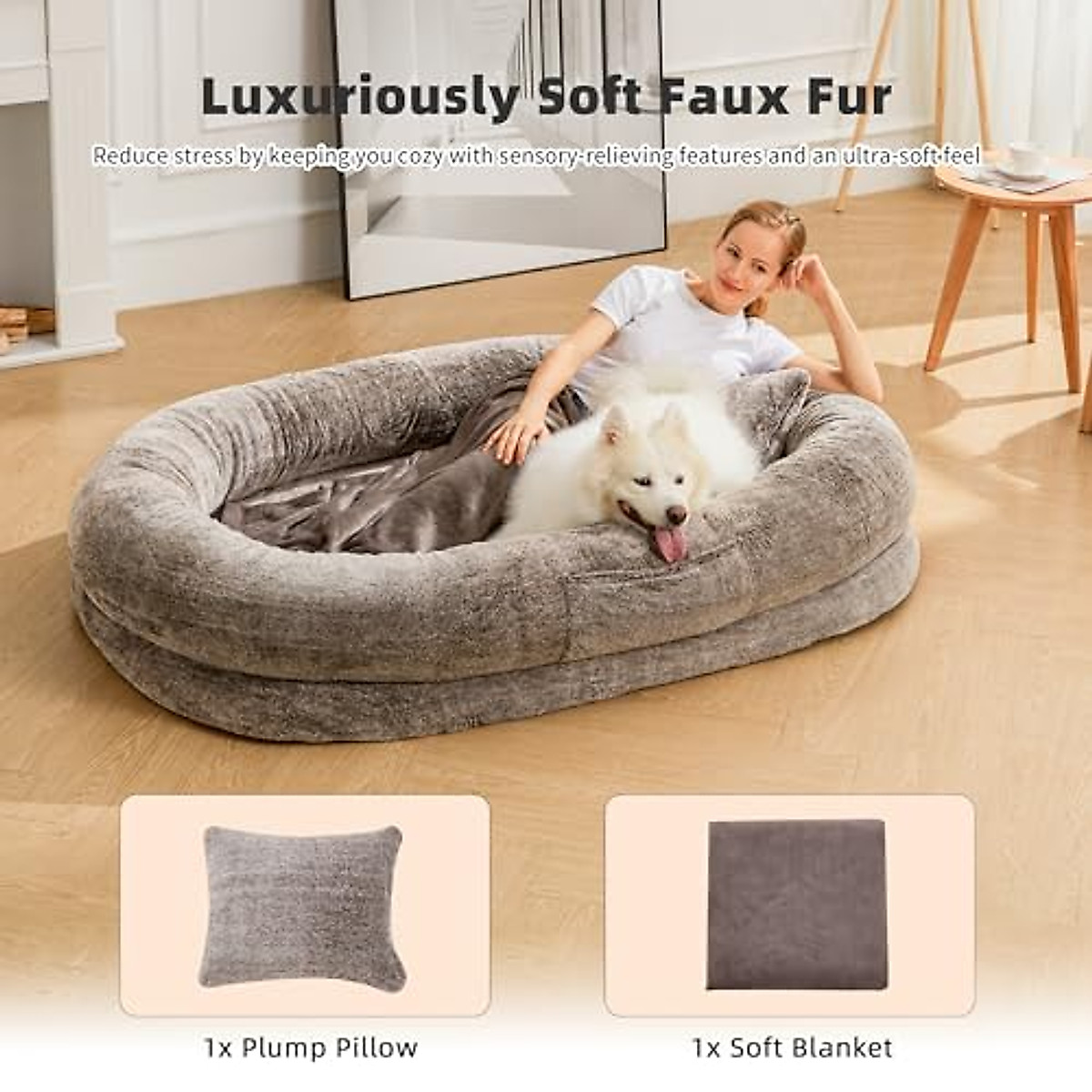 Human Size Dog Bed - 71''x47''x12.5'', Washable Faux Fur, Orthopedic, Plump Pillow, Blanket, Brown