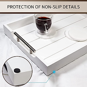 SXNOWS White Wooden Coffee Table Tray - Large Ottoman Tray for Living Room - White Wooden Serving Tray with Handles(2 Sets) - Wooden Serving Tray for Ottoman, 4 Round Coasters Included