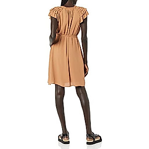 Amazon Essentials Women's Relaxed Fit Lightweight Georgette Split Neck Flutter Sleeve Shift Dress, Light Brown, Large