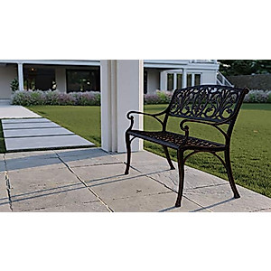 Patio Sense 63284 Decatur Cast Aluminum Patio Bench Heavy Duty Rust Free Metal Construction Front Porch Backyard Lawn Garden Pool Deck Outdoors Fleur-De-Lis Design - Antique Bronze Finish