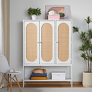 LEVNARY Large Armoire Wardrobe Closet with 3 Doors, Rattan Wardrobe Cabinet with Shelves and Hanging Rail for Clothes, Freestanding Wooden Closet for Bedroom, White (47.24" W x 18.89" D x 62.99" H)
