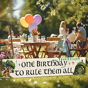 Hippeny Large Middle Earth Inspired Baby 1st Birthday Banner, One Birthday to Rule Them All Sign, Hobbit core Theme Bday Party Decor, Medieval Baby Shower Decor