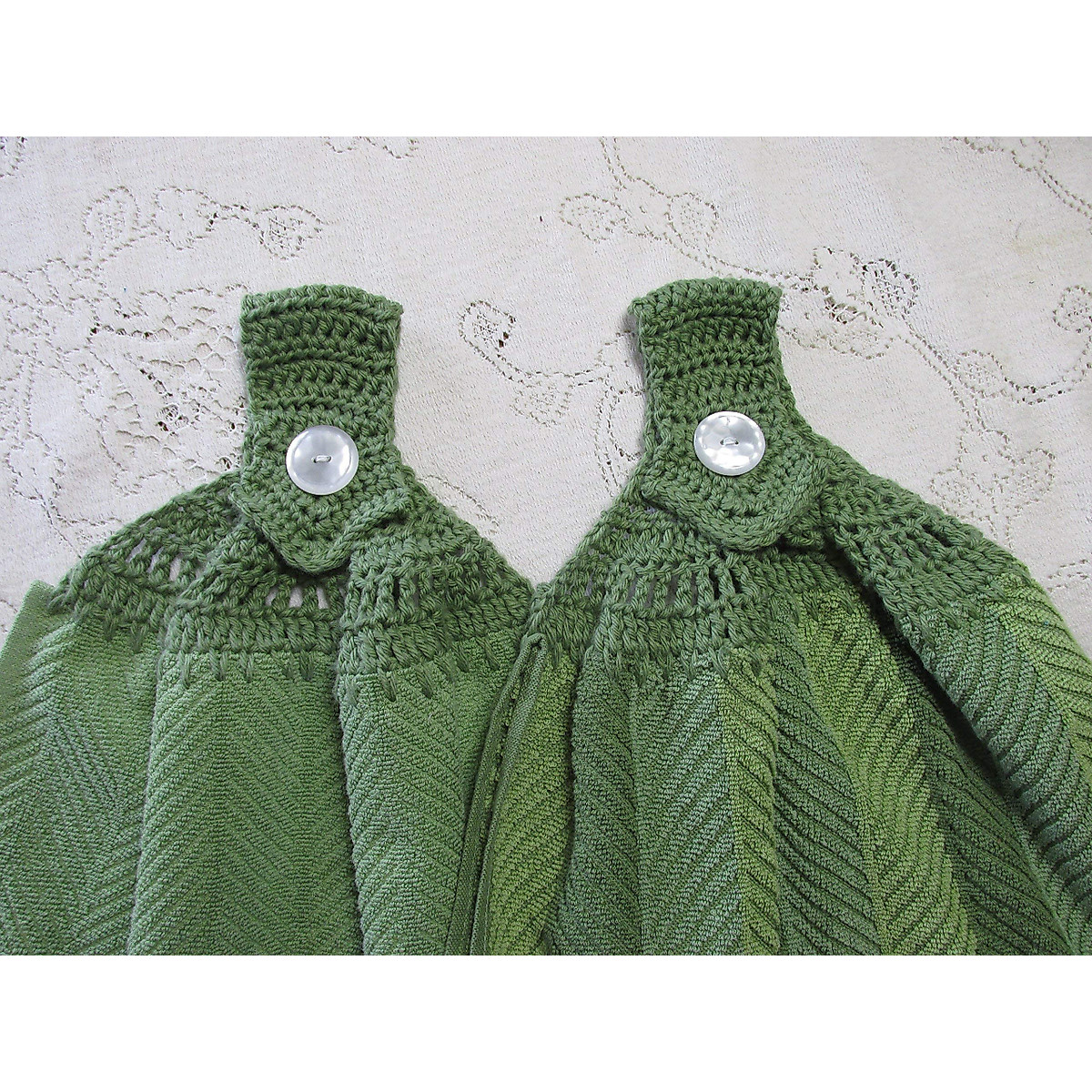 Set of 2 Green Doubled Chevron Design Hanging Kitchen Towels with Green Cotton Crochet Top - Best Quality