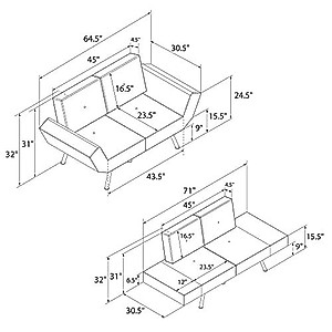 REALROOMS Euro Upholstered Tufted Loveseat Futon with Storage Pockets, Blue Linen