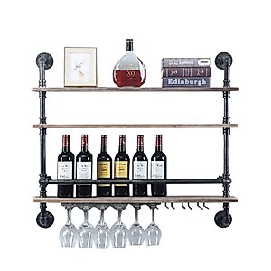 36"Wall Mounted Wine Rack with Shelf &Bottle Glass Holder,Hanging Industrial Pipe Shelves Floating Bar Shelves Rustic Wood Wine Shelf Wall Shelf Storage Unit Shelving Farmhouse Wine Glass Rack