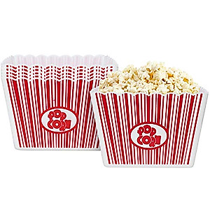 Hedume 6 Pack Popcorn Containers, Plastic Movie Theater Style Popcorn Container Set, Red & White Striped Classic Popcorn Boxes for Movie Night, Reusable (Square, 9" x 9" x 6")