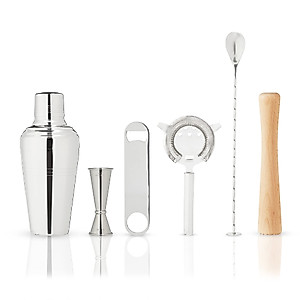 Viski Travel Bartender Kit 6pc Set, Drink Mixers for Cocktails Gift Essentials: Classic Cobbler Shaker, Hawthorne Strainer, Bottle Opener, Jigger, Barspoon, Muddler & Canvas Carry Bag