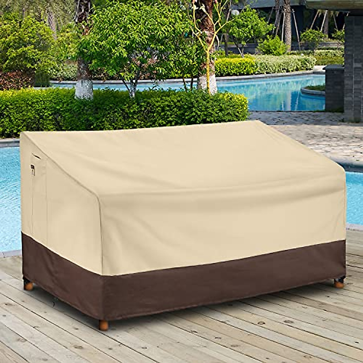 Arcedo Outdoor Sofa Cover, Heavy Duty Waterproof Patio Oversized Sectional Cover for 3-Seater Couch, Large Durable Garden Furniture Bench Cover with Air Vent, 90” x 34” x 32”, Beige & Brown