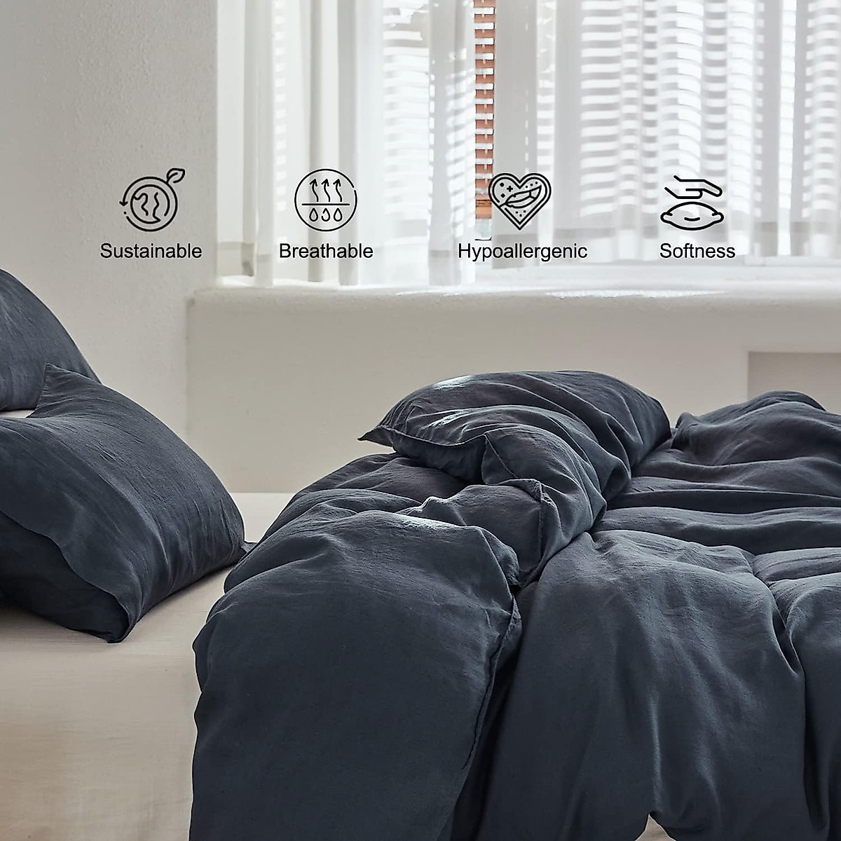 TOSMO Linen Duvet Cover Set, 100% French Flax Natural Linen Bedding 3pcs Set, Soft Breathable for Hot Sleepers 1 Duvet Cover and 2 Pillowcases (Blue Grey, King)