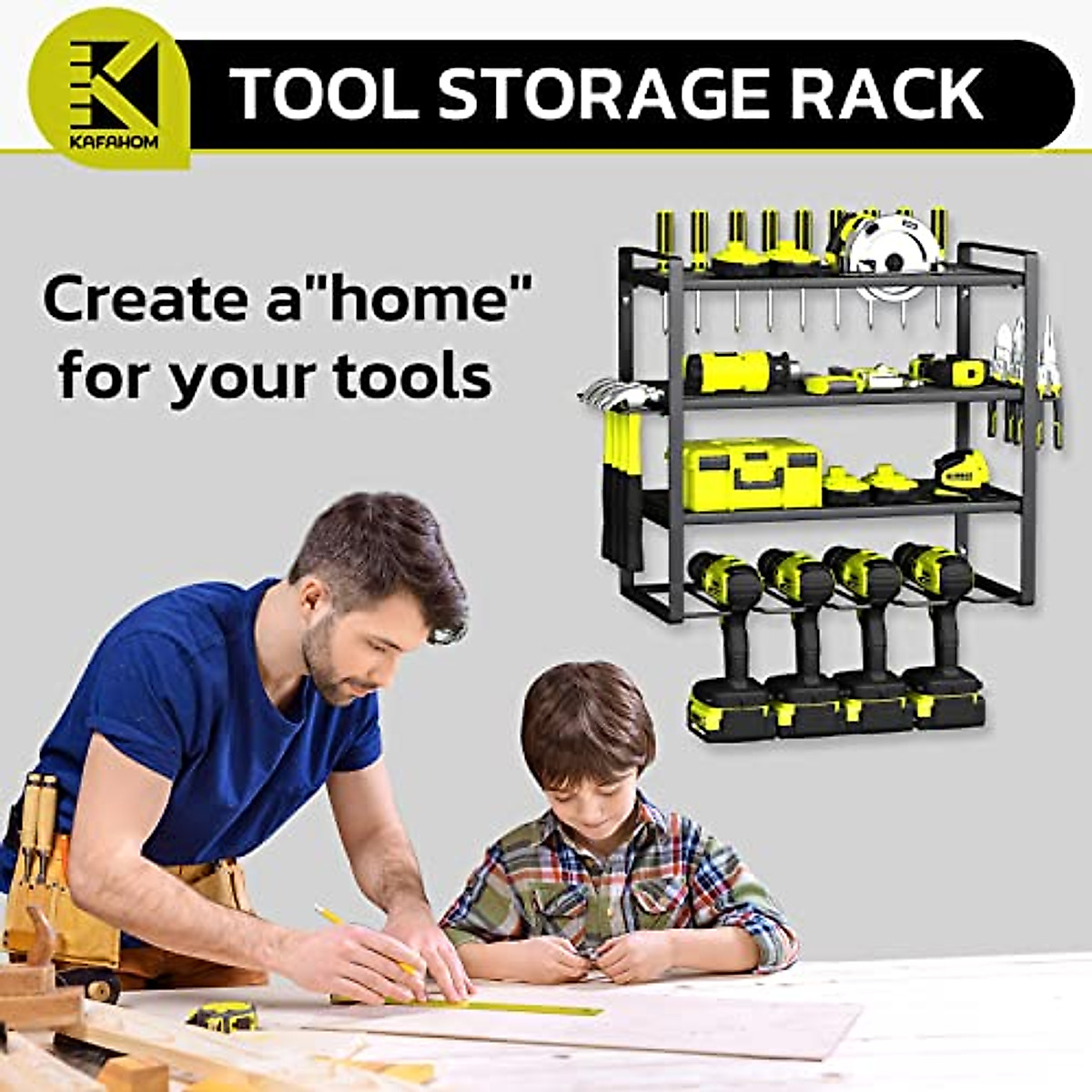 Power Tool Organizer, 4 Layers Garage Tool Organizers and Storage，Drill Holder Wall Mount, Storage Rack for Cordless Drill, Heavy Duty Tool shelf with Screwdriver Holder/Pliers Holder/Hammer Holder