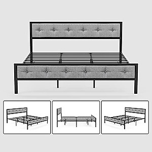 IKIFLY Metal California King Size Bed Frame with Upholstered Linen Headboard Footboard, Mattress Foundation, Heavy Duty Metal Slats, Easy Assembly, No Box Spring Needed - Light Grey/Cal King