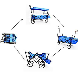 Wagon Cart with Wheels Foldable,Utility Garden Cart with Canopy,Outdoor Utility Wagon with Heavy-Duty Steel Frame,Collapsible Wagon,Red+Beige Trolley Cart Carry up to 150 Pounds (Blue)