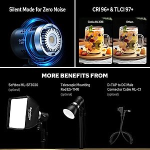 Godox ML30Bi Handheld Bi-Color LED Video Light, Portable Studio LED Continuous Light 2800K-6500K, 41000 lumens CRI 96+ TLCI 97+, 21 FX Effects, APP Control, Silent Mode, Compatible with Godox Mount