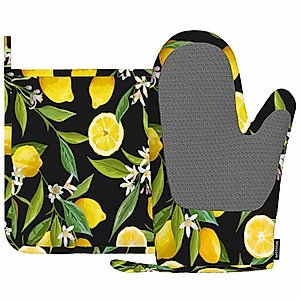 Mxocom Lemon Fruits Silicone Oven Mitts and Pot Holders Sets Flowers Leaves Lemons BBQ Gloves for Kitchen,Cooking,Baking,Grilling