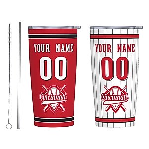 Cincinnati Custom Baseball 20oz Tumbler,Add Personalized Name And Number,Personalized Travel Coffee Mug, Stainless Steel, Insulated, Keep Drinks Cold And Hot,Gifts For Baseball Fans
