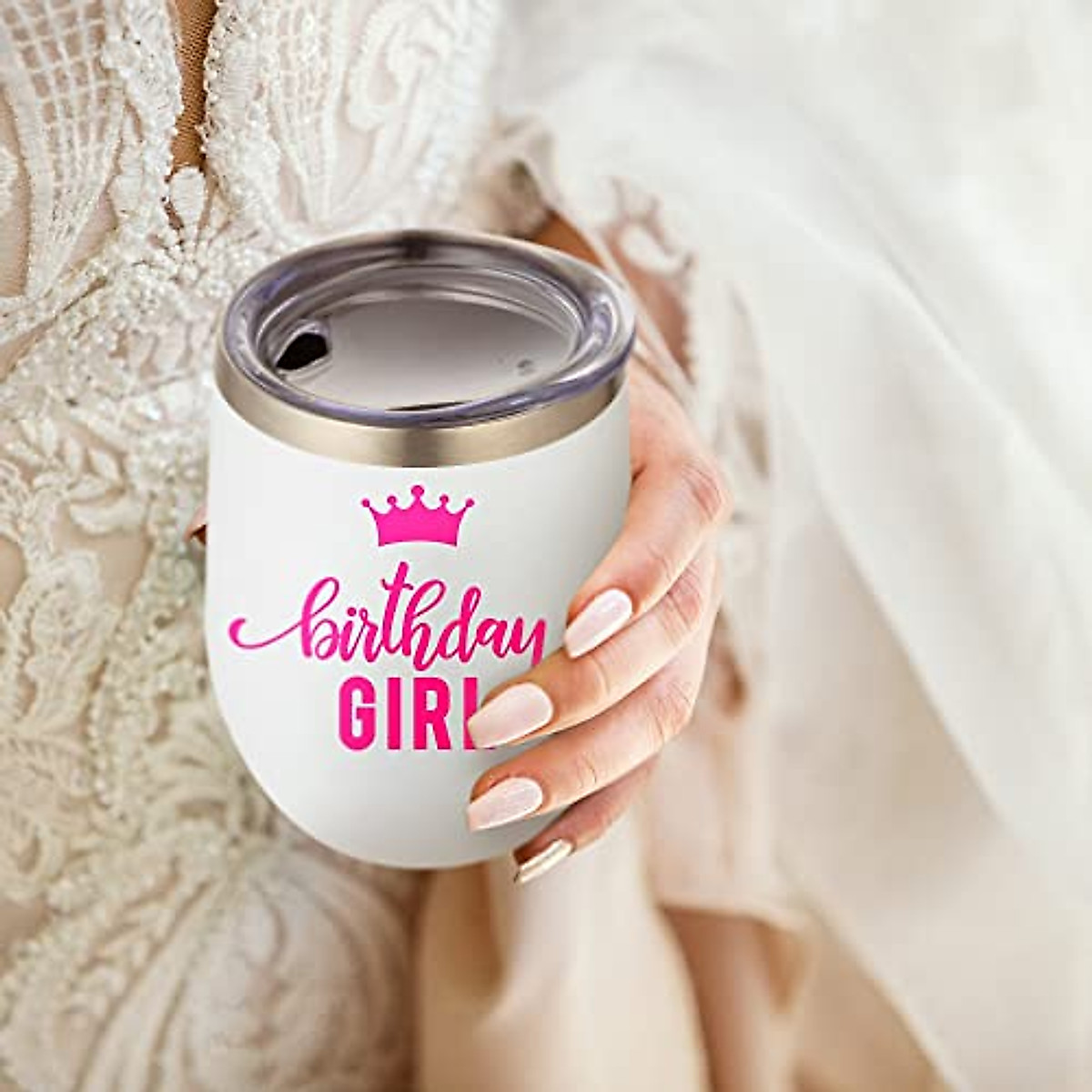 Your Dream Party Shop Powder Coated Stainless Steel 12oz Stemless Wine Glass with Straw and Lid with Print (Birthday Girl)