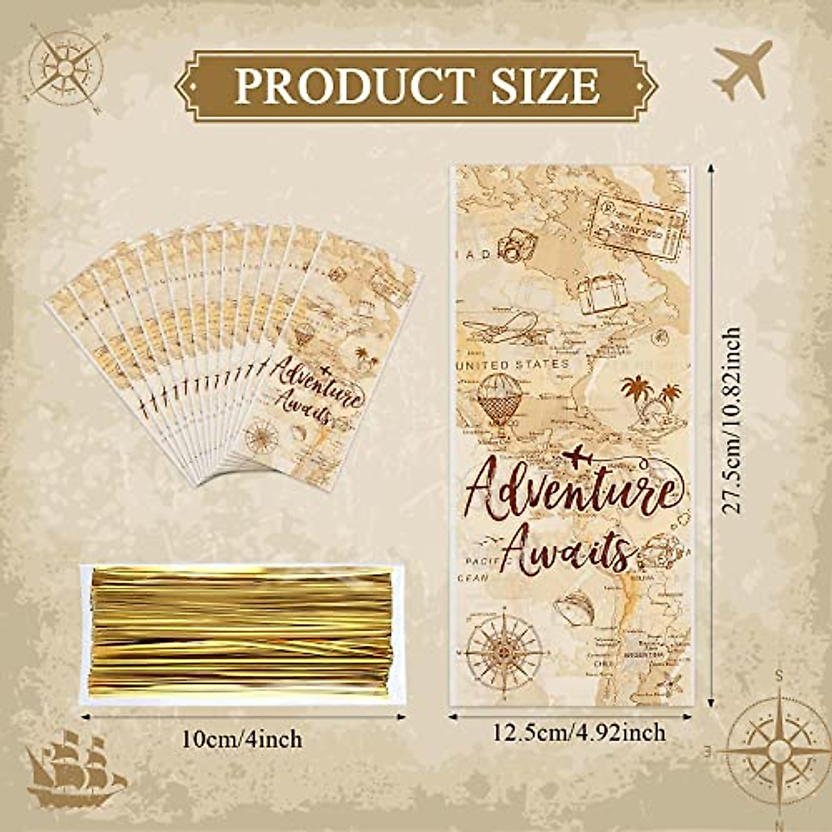 100 Pcs Adventure Awaits Cellophane Treat Bags Adventure Party Decoration Travel Themed Candy Goodie Favor Bags World Map Birthday Party Plastic Bag for Travel Retirement Wedding Party