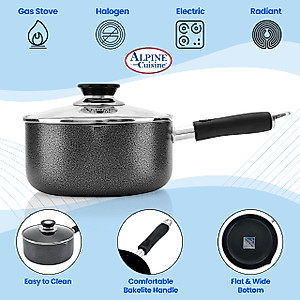 Alpine Cuisine Sauce Pan 2 Quart Nonstick Coating Soft Touch Bakelite Handle with Glass Lid, Nonstick Sauce Pans for All Stoves, Multipurpose Use for Home Kitchen & Restaurant - Dishwasher Safe