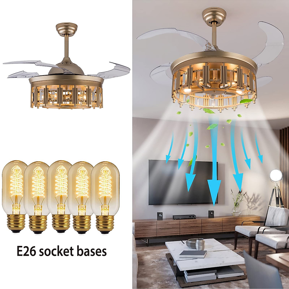 BILPIKOGoo Ceiling Fans with Lights Retractable Blades Caged Ceiling Fan Remote Control 42'' 6 Speeds, 1/2/4 Hours Timing Gold Ceiling Fan for Living Room Bedroom, 35W Reversible Motor