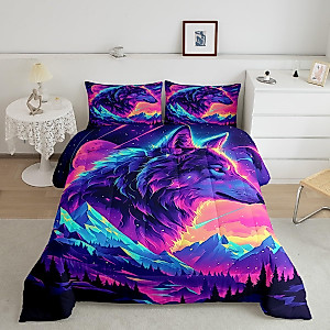 Castle Fairy Wolf Bedding Set Full Size Wild Jungle Animal Comforter Set for Kids Teens Room Decor Trippy Natural Scenery Duvet Insert Neon Starry Moon Galaxy Down Comforter Set,3Pcs