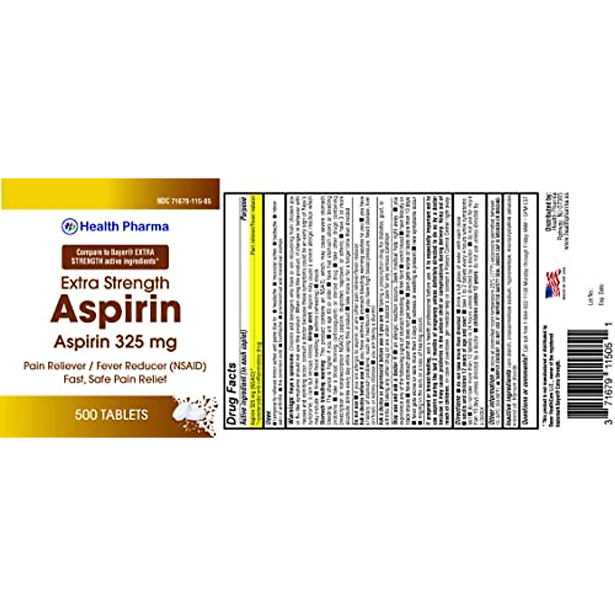 Health Pharma Aspirin Pain Reliever and Fever Reducer , 325 mg Coated Tablets, White, 500 Count