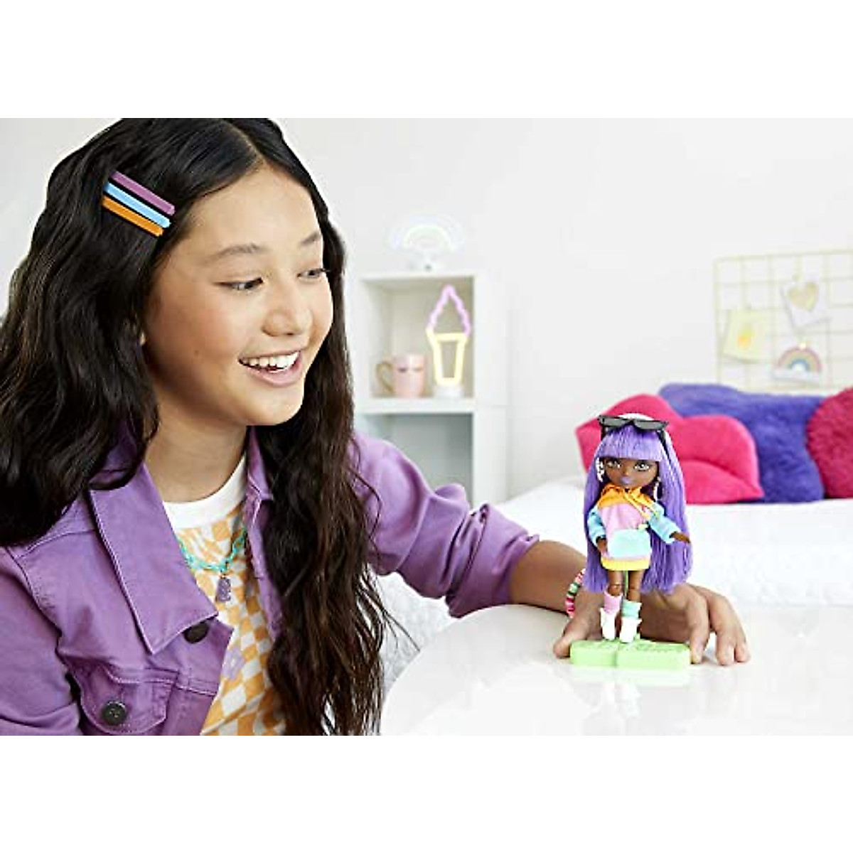 Barbie Extra Minis Doll & Accessories with Purple & Silver Hair, Toy Pieces Include Color-Block Hoodie Dress & Boots