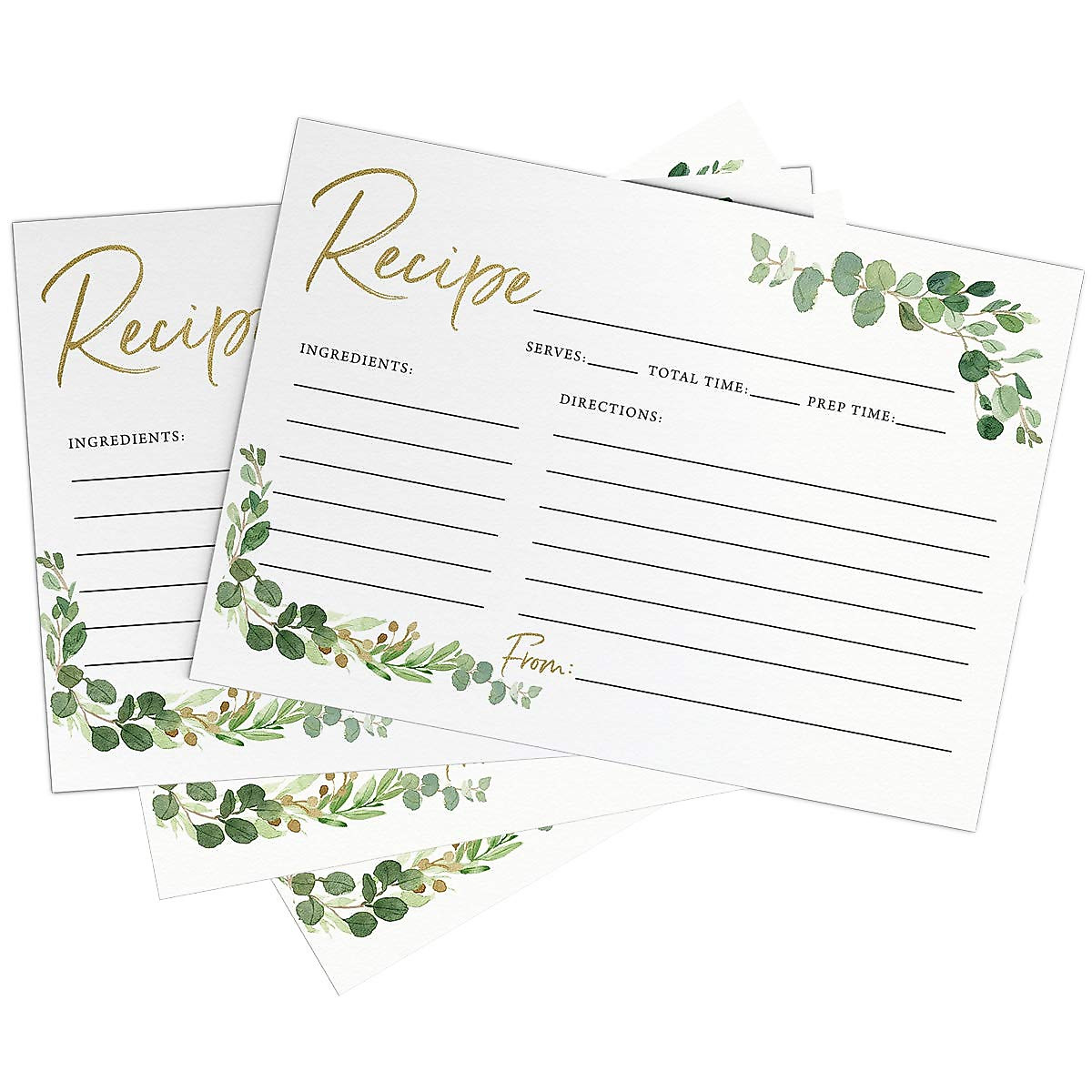 Printed Party Recipe Cards, Gold Greenery, Set of 50