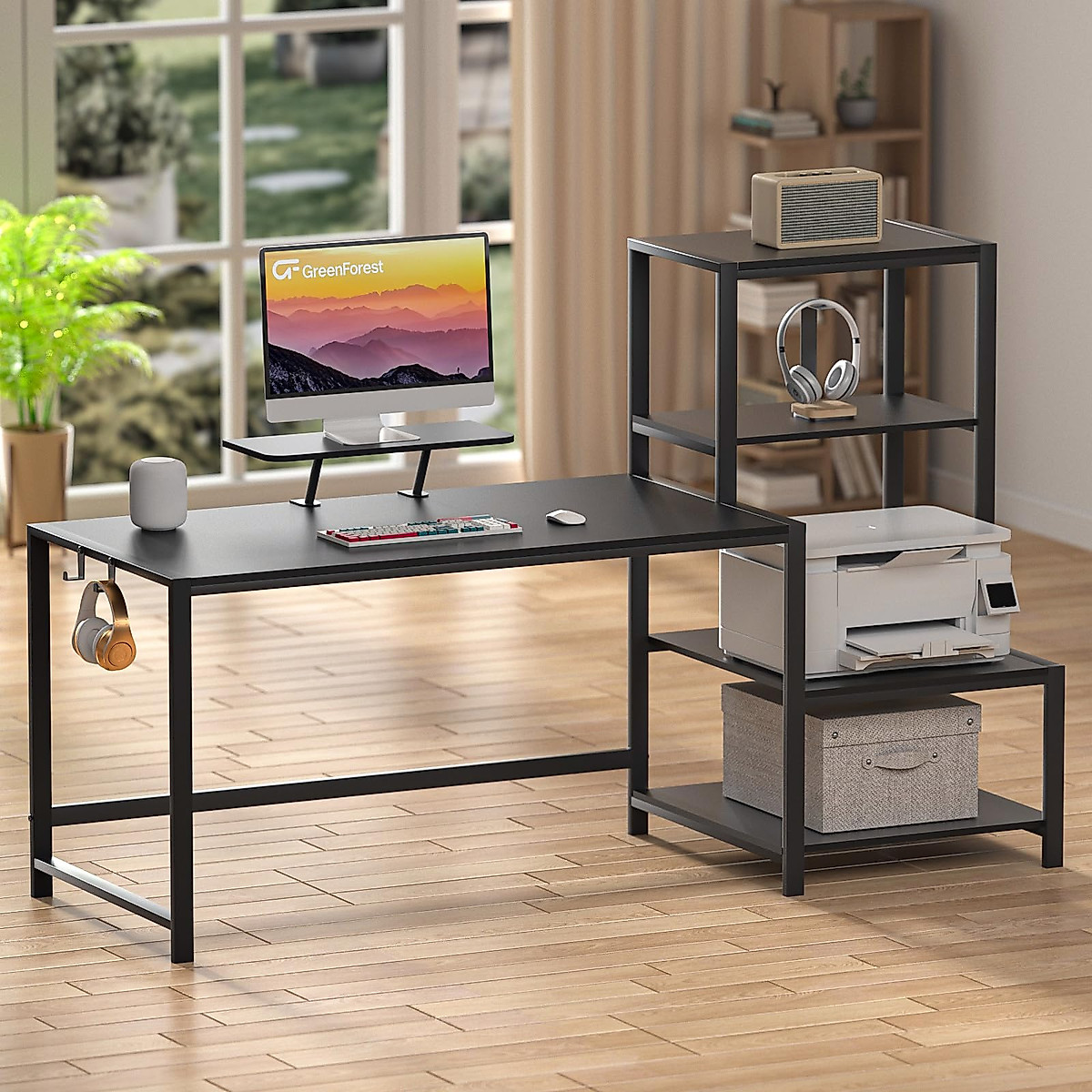 GreenForest Computer Desk with Storage Printer Shelf,67 inch Reversible Home Office Desk Large Study Writing Table with Movable Monitor Stand and 2 Headphone Hooks for PC Gaming Working, Black