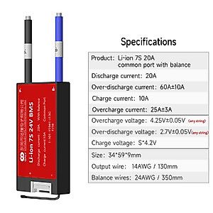 DALY 24V BMS li-ion 7S 20A with Balance Wire and Temperature Sensor for Rated 3.7V Lithium Battery Power Bank Short Circuit Protection（Standard BMS,20A）