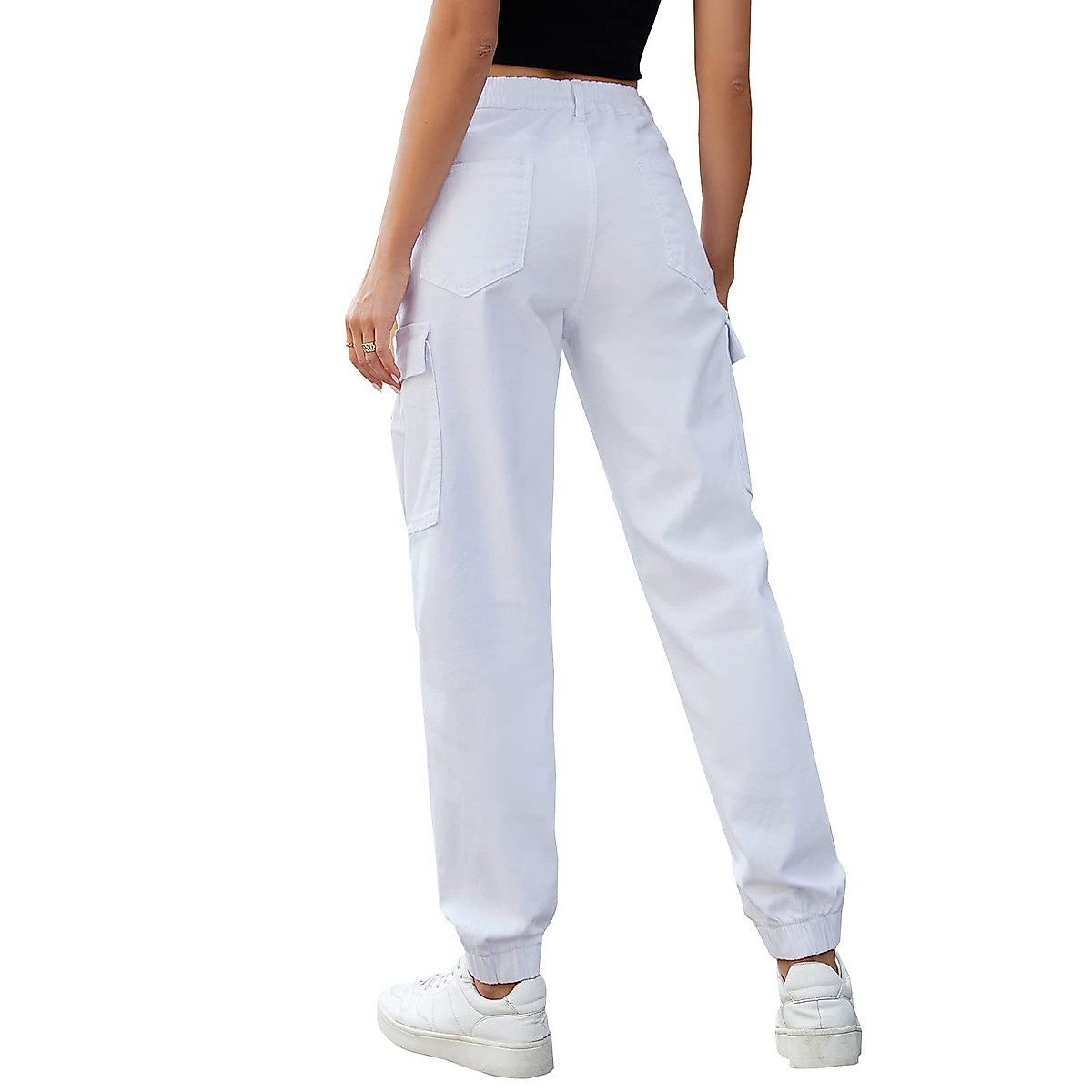 LONGYIDA Women's High Waisted Jean Joggers Elastic Waist Boyfriend Cargo Jeans Casual Loose Denim Joggers Stretch Pants(White,M)