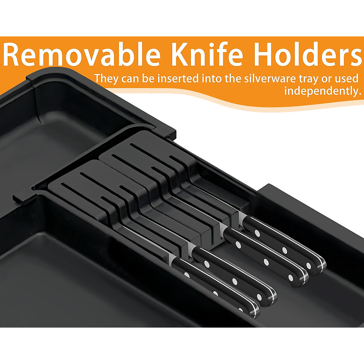 Homecor Utensil Drawer Organizer, Large Expandable Silverware Organizer for Kitchen Drawer, Cooking Utensils Tray Cutlery Flatware Holder with Removable Knife Blocks, Kitchen Gadgets Storage, Black